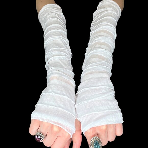 Hand Crafted | Accessories | White Bandage Fingerless Gloves Ruffle Arm ...